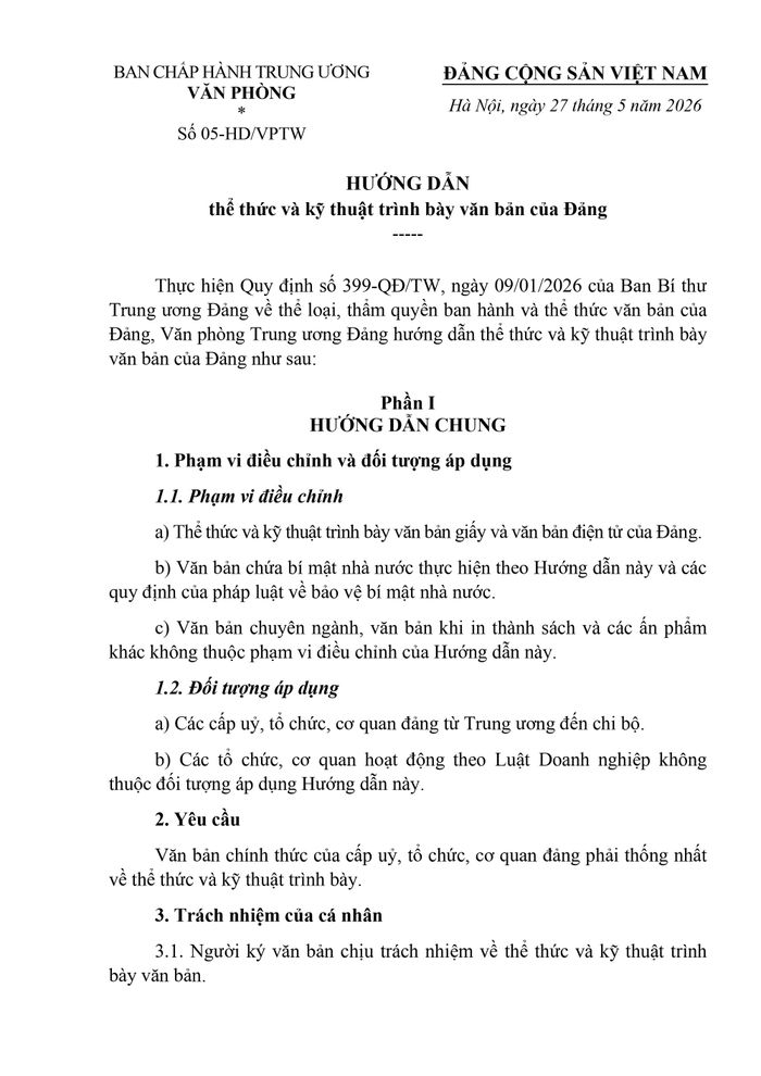 Hướng dẫn số 05-HD/VPTW về thể thức và kỹ thuật trình bày văn bản của ...